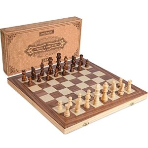 AMEROUS 15'' Wooden Chess & Checkers Set, 2 in 1 Board Games -2 Extra Queens -24 Cherkers Pieces - Gift Box Packed - Chessmen Storage Slots, Beginner Chess Set for Kids and Adults