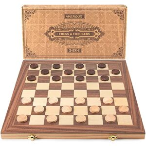 AMEROUS 15'' Wooden Chess & Checkers Set, 2 in 1 Board Games -2 Extra Queens -24 Cherkers Pieces - Gift Box Packed - Chessmen Storage Slots, Beginner Chess Set for Kids and Adults