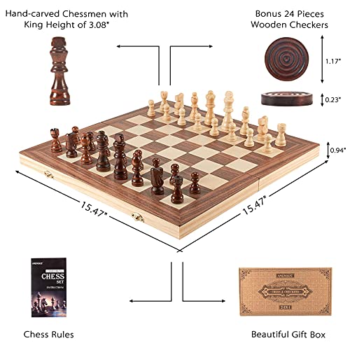 AMEROUS 15'' Wooden Chess & Checkers Set, 2 in 1 Board Games -2 Extra Queens -24 Cherkers Pieces - Gift Box Packed - Chessmen Storage Slots, Beginner Chess Set for Kids and Adults