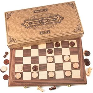 AMEROUS 15'' Wooden Chess & Checkers Set, 2 in 1 Board Games -2 Extra Queens -24 Cherkers Pieces - Gift Box Packed - Chessmen Storage Slots, Beginner Chess Set for Kids and Adults