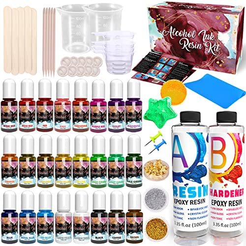 Resinfans Epoxy Resin with 24 Vibrant Colors Alcohol Ink - All in One Beginner High Concentrated Alcohol Based Ink Gold Flakes Art and Craft Supplies Wooden Mixing Sticks Plastic Cups Glitters