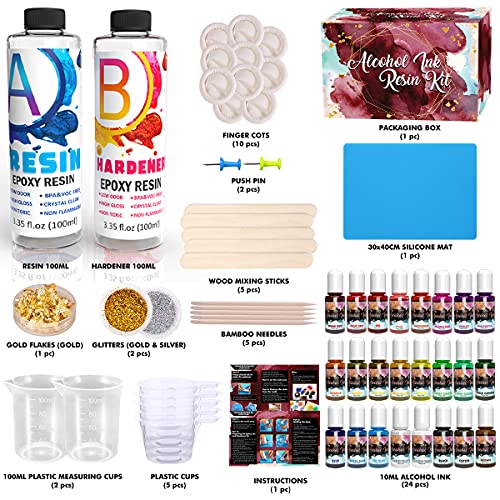 Resinfans Epoxy Resin with 24 Vibrant Colors Alcohol Ink - All in One Beginner High Concentrated Alcohol Based Ink Gold Flakes Art and Craft Supplies Wooden Mixing Sticks Plastic Cups Glitters