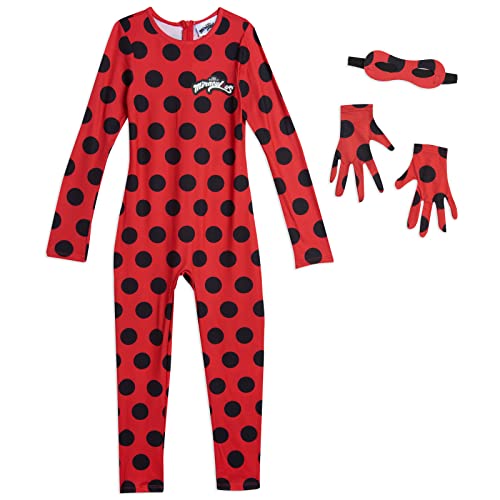 Miraculous Ladybug Little Girls Cosplay Jumpsuit Gloves and Mask 3 Piece Costume Set Polka Dots Red 6-6X