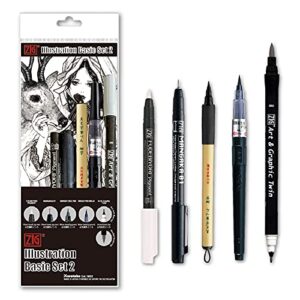 kuretake zig inktober special set, illustration basic set 2, 4 black markers and 1 white brush pen, for manga drawing, lettering and calligraphy, professional artist quality, made in japan