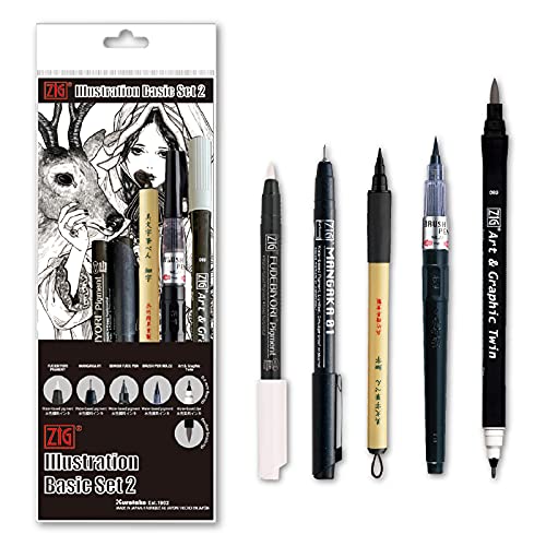 Kuretake Zig Inktober Special Set, Illustration Basic Set 2, 4 Black Markers and 1 White Brush Pen, for Manga Drawing, Lettering and Calligraphy, Professional Artist Quality, Made in Japan