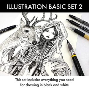 Kuretake Zig Inktober Special Set, Illustration Basic Set 2, 4 Black Markers and 1 White Brush Pen, for Manga Drawing, Lettering and Calligraphy, Professional Artist Quality, Made in Japan