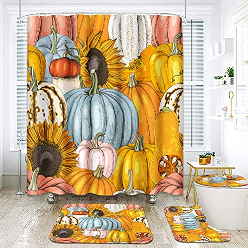 ArtSocket 4 Pcs Shower Curtain Set Pumpkin Gourd Sunflower Autumn Orange Harvest Season with Non-Slip Rugs Toilet Lid Cover and Bath Mat Bathroom Decor Set 72" x 72"