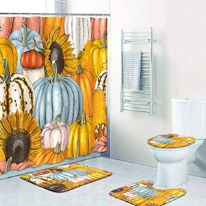 ArtSocket 4 Pcs Shower Curtain Set Pumpkin Gourd Sunflower Autumn Orange Harvest Season with Non-Slip Rugs Toilet Lid Cover and Bath Mat Bathroom Decor Set 72" x 72"