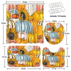 ArtSocket 4 Pcs Shower Curtain Set Pumpkin Gourd Sunflower Autumn Orange Harvest Season with Non-Slip Rugs Toilet Lid Cover and Bath Mat Bathroom Decor Set 72" x 72"