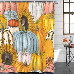 ArtSocket 4 Pcs Shower Curtain Set Pumpkin Gourd Sunflower Autumn Orange Harvest Season with Non-Slip Rugs Toilet Lid Cover and Bath Mat Bathroom Decor Set 72" x 72"