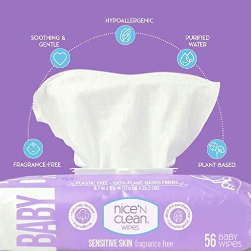 Nice 'n CLEAN Skin Care Baby Wipes Unscented 56ct (6-Pack) | Ideal for Sensitive Skin | Hypoallergenic, Plastic-Free, Plant-Based Wet Wipes