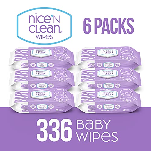 Nice 'n CLEAN Skin Care Baby Wipes Unscented 56ct (6-Pack) | Ideal for Sensitive Skin | Hypoallergenic, Plastic-Free, Plant-Based Wet Wipes