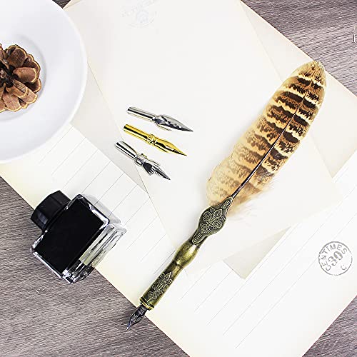 Vintage Quill Pen and Ink Set Handmade Carving Stem Feather Dip Pen Set English Calligraphy Writing Quill Pen with Ink and 3 Nibs,Calligraphy Set for Kids or Beginner