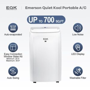 Emerson Quiet Kool 14000 BTU ASHRAE/10000 BTU DOE 115V Portable Air Conditioner with Dehumidifier and Remote Control, AC for Apartment, Bedroom, Medium/Large Rooms up to 550 Sq. Ft. in White