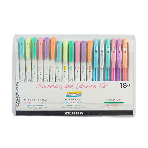 Zebra Pen Journaling and Lettering Set, Includes 6 Highlighters, 6 Brush Pens, and 6 Sarasa Clip Retractable Gel Pens, Pastel Ink Colors, 18-Pack, Multicolor (76018)