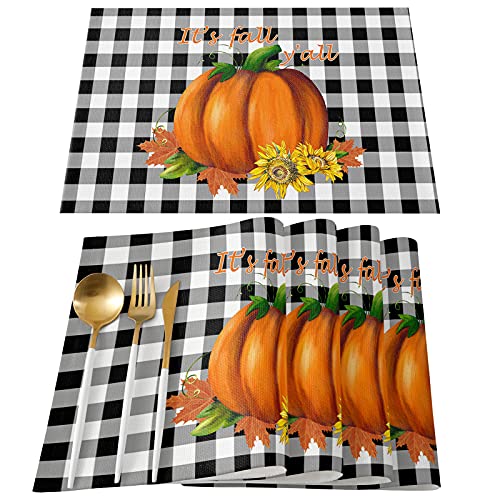 Thanksgiving Pumpkin Placemats for Kitchen Dining Table Decor Autumn Leaf Sunflower It's Fall Y'all Placemats Black White Buffalo Plaid Table Mats for Thanksgiving Party Holiday Fall Decor- Set of 4