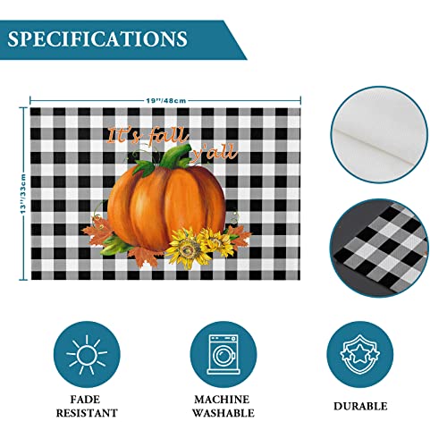 Thanksgiving Pumpkin Placemats for Kitchen Dining Table Decor Autumn Leaf Sunflower It's Fall Y'all Placemats Black White Buffalo Plaid Table Mats for Thanksgiving Party Holiday Fall Decor- Set of 4