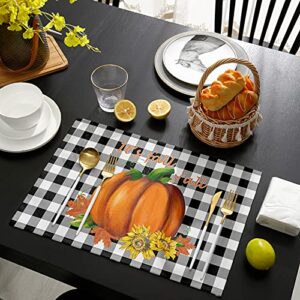 Thanksgiving Pumpkin Placemats for Kitchen Dining Table Decor Autumn Leaf Sunflower It's Fall Y'all Placemats Black White Buffalo Plaid Table Mats for Thanksgiving Party Holiday Fall Decor- Set of 4