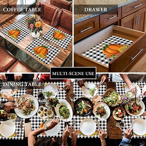 Thanksgiving Pumpkin Placemats for Kitchen Dining Table Decor Autumn Leaf Sunflower It's Fall Y'all Placemats Black White Buffalo Plaid Table Mats for Thanksgiving Party Holiday Fall Decor- Set of 4