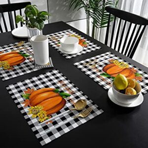 Thanksgiving Pumpkin Placemats for Kitchen Dining Table Decor Autumn Leaf Sunflower It's Fall Y'all Placemats Black White Buffalo Plaid Table Mats for Thanksgiving Party Holiday Fall Decor- Set of 4