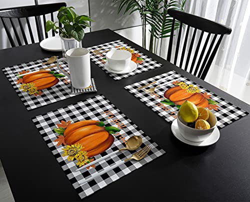 Thanksgiving Pumpkin Placemats for Kitchen Dining Table Decor Autumn Leaf Sunflower It's Fall Y'all Placemats Black White Buffalo Plaid Table Mats for Thanksgiving Party Holiday Fall Decor- Set of 4