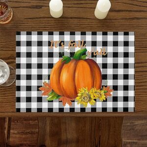 Thanksgiving Pumpkin Placemats for Kitchen Dining Table Decor Autumn Leaf Sunflower It's Fall Y'all Placemats Black White Buffalo Plaid Table Mats for Thanksgiving Party Holiday Fall Decor- Set of 4