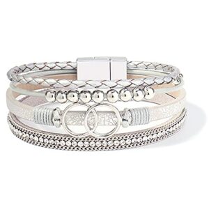 fancy shiny boho wrap bracelets leather cuff bangle gold beaded bracelets for women stackable infinity bracelets jewelry with clasp(silver)