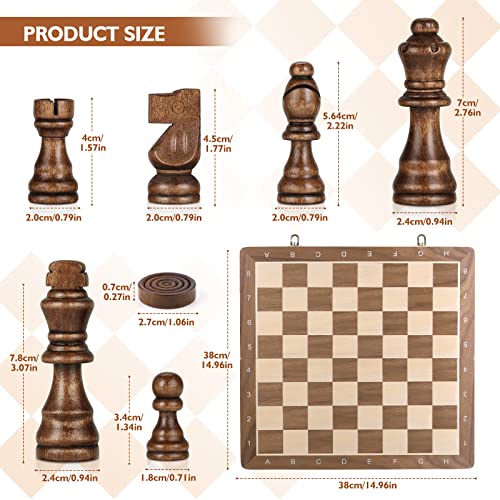 Peradix 15" Wooden Chess and Checkers Set, Magnetic Chess Sets - 2 Extra Queens, 2 in 1 Board Games with Folding Board and Chessmen Storage Slots, Beginner Chess Set for Adults Kids, Gift Box Packed