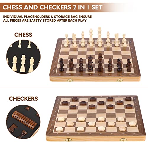 Peradix 15" Wooden Chess and Checkers Set, Magnetic Chess Sets - 2 Extra Queens, 2 in 1 Board Games with Folding Board and Chessmen Storage Slots, Beginner Chess Set for Adults Kids, Gift Box Packed