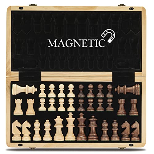 A&A 15" Magnetic Wooden Chess Set/Folding Board / 3" King Height German Knight Staunton Chess Pieces/Walnut & Maple Inlaid /2 Extra Queen/Board Games Chess Sets for Adults and Kids