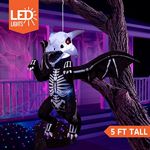 Joiedomi 5 FT Halloween Inflatable Flying Skeleton Dragon with Build-in LEDs, Outdoor Hanging Blow Up Giant Inflatables Dragon with Wings for Halloween Outdoor, Yard, Garden, Lawn Decoration