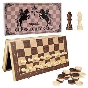 ropoda magnetic chess set, 15" folding wooden chess board with foam storage slots, unique chess set for kids and adults, portable and foldable wooden board game & checkers game, including extra queens