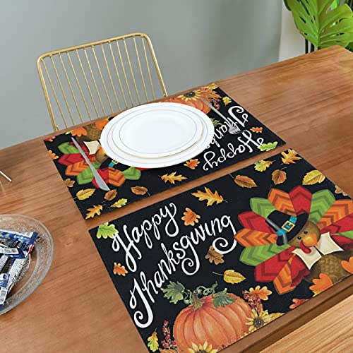 Wusikd Happy Thanksgiving Pumpkin Turkey Sunflower Placemats Set of 4 Table Mat Autumn Leaf Place Mat Non Slip Stain Heat Resistant Double-Sided Print 12" x 18" Dining Home Kitchen Table Decoration