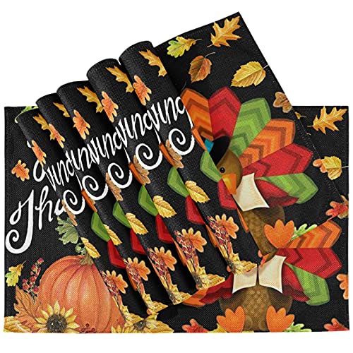 Wusikd Happy Thanksgiving Pumpkin Turkey Sunflower Placemats Set of 4 Table Mat Autumn Leaf Place Mat Non Slip Stain Heat Resistant Double-Sided Print 12" x 18" Dining Home Kitchen Table Decoration