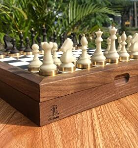 Ttc games Premium Chess Set, 11''x11 Wooden Leather Chess Board, Resin and Brass Chess Pieces, with Storage, a Luxury Gifts and Decor