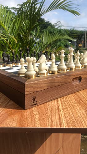 Ttc games Premium Chess Set, 11''x11 Wooden Leather Chess Board, Resin and Brass Chess Pieces, with Storage, a Luxury Gifts and Decor