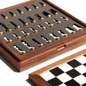 Ttc games Premium Chess Set, 11''x11 Wooden Leather Chess Board, Resin and Brass Chess Pieces, with Storage, a Luxury Gifts and Decor