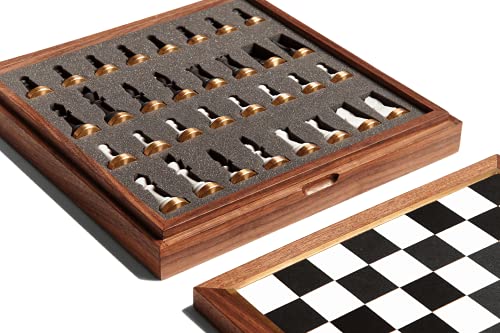 Ttc games Premium Chess Set, 11''x11 Wooden Leather Chess Board, Resin and Brass Chess Pieces, with Storage, a Luxury Gifts and Decor