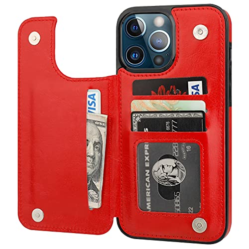 ONETOP Compatible with iPhone 13 Pro Max Wallet Case with Card Holder,PU Leather Kickstand Card Slots Case, Double Magnetic Clasp and Durable Shockproof Cover 6.7 Inch(Red)