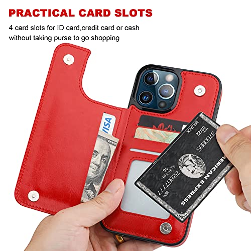 ONETOP Compatible with iPhone 13 Pro Max Wallet Case with Card Holder,PU Leather Kickstand Card Slots Case, Double Magnetic Clasp and Durable Shockproof Cover 6.7 Inch(Red)