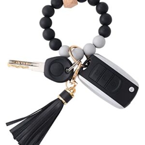 BAOSIWA Women Silicone Keychain Bracelet Beaded Wristlet Key Ring Black Bangle Chains with Leather Tassel