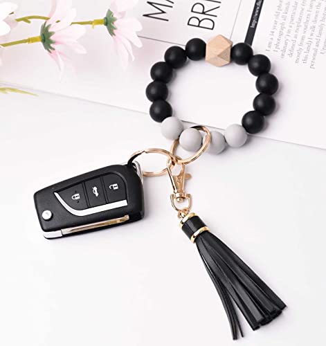 BAOSIWA Women Silicone Keychain Bracelet Beaded Wristlet Key Ring Black Bangle Chains with Leather Tassel