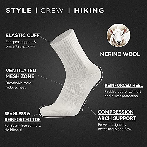 Socks Daze Hiking Socks Merino Wool Crew Sport, Men's Soft Thick Cushioned Moisture Control Fitness Heavy Thermal Wool Climbing Bowling Riding Socks, Large, 4 Pairs White