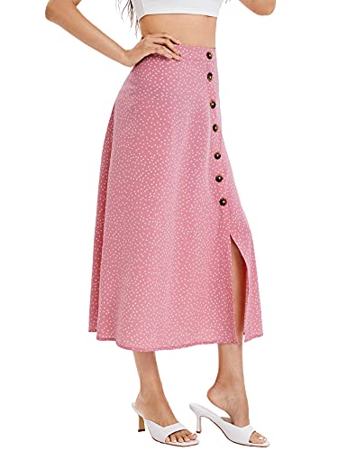 SheIn Women's Polka Dot A-Line Button Side Split Midi Knee Length Skirt Watermelon Pink Large