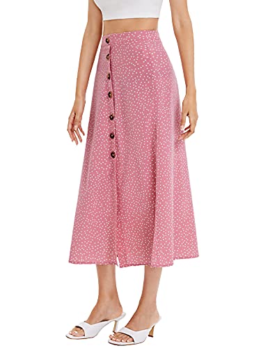 SheIn Women's Polka Dot A-Line Button Side Split Midi Knee Length Skirt Watermelon Pink Large