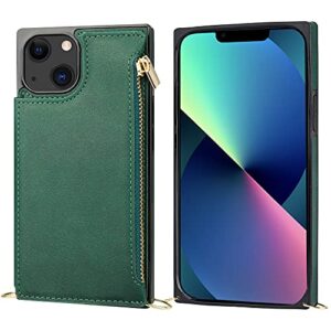 Bocasal Crossbody Wallet Case for iPhone 13 with RFID Blocking Card Slot Holder, Magnetic Flip Folio Purse Case, PU Leather Zipper Handbag with Detachable Lanyard Strap 6.1 Inch 5G (Green)