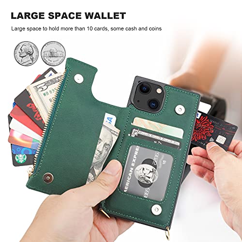 Bocasal Crossbody Wallet Case for iPhone 13 with RFID Blocking Card Slot Holder, Magnetic Flip Folio Purse Case, PU Leather Zipper Handbag with Detachable Lanyard Strap 6.1 Inch 5G (Green)