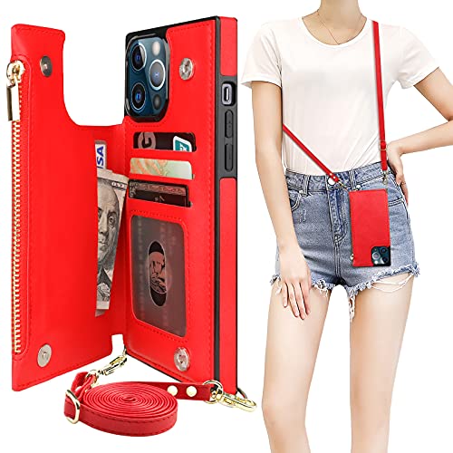 Bocasal Crossbody Wallet Case for iPhone 13 Pro Max with RFID Blocking Card Slot Holder, Magnetic Flip Folio Purse Case, PU Leather Zipper Handbag with Detachable Lanyard Strap 6.7 Inch 5G (Red)