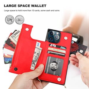 Bocasal Crossbody Wallet Case for iPhone 13 Pro Max with RFID Blocking Card Slot Holder, Magnetic Flip Folio Purse Case, PU Leather Zipper Handbag with Detachable Lanyard Strap 6.7 Inch 5G (Red)