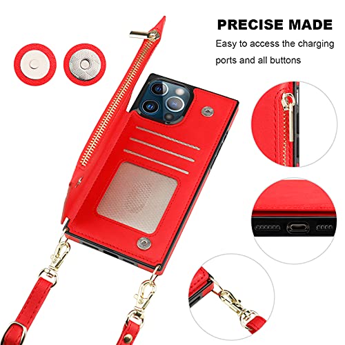 Bocasal Crossbody Wallet Case for iPhone 13 Pro Max with RFID Blocking Card Slot Holder, Magnetic Flip Folio Purse Case, PU Leather Zipper Handbag with Detachable Lanyard Strap 6.7 Inch 5G (Red)